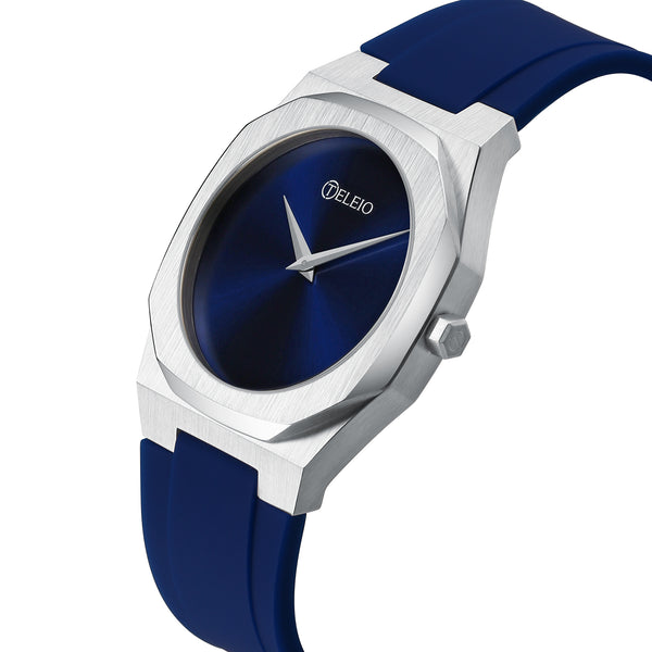 The Mykonos - Mens watch 40mm Blue Silicone Band Silver case - Teleio