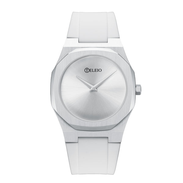 The Santorini - Mens watch 40mm White Silicone Band Silver case - Teleio